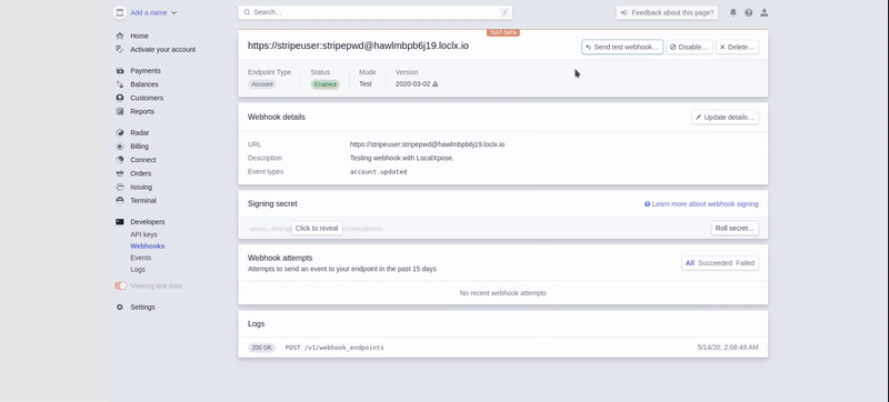 Testing Stripe Webhook | LocalXpose Docs